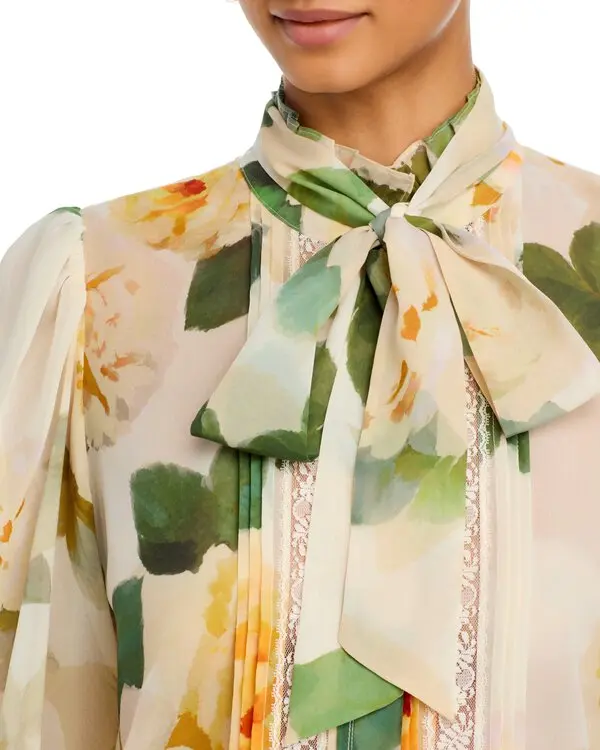 UNGARO Odessa Floral Blouse With Pussy Bow And Lace Trim