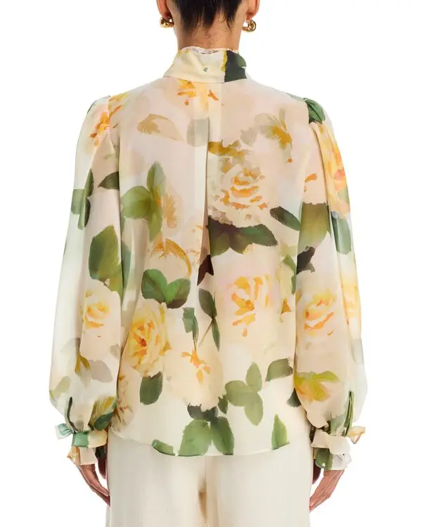 UNGARO Odessa Floral Blouse With Pussy Bow And Lace Trim