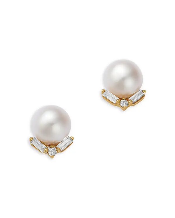 Bloomingdale'S Freshwater Pearl & Diamond Baguette Stud Earrings In 14k Yellow - Gold