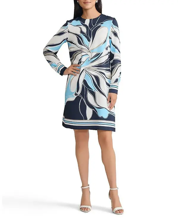 Ming Wang Floral Abstract Crepe De Chine Shift Dress - Indigo/white/limestone/serene