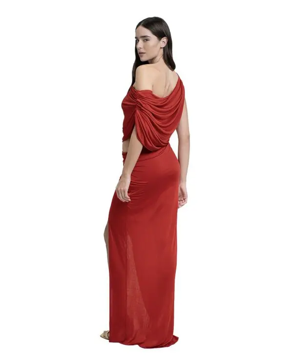 MOTHER OF ALL Mina Maxi Dress With Draped Bodice And High Slit - Red