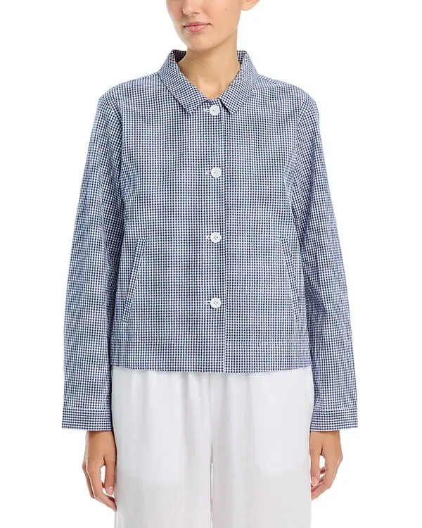 Eileen Fisher Cotton Pucker Check Classic Collar Jacket - Light Dive