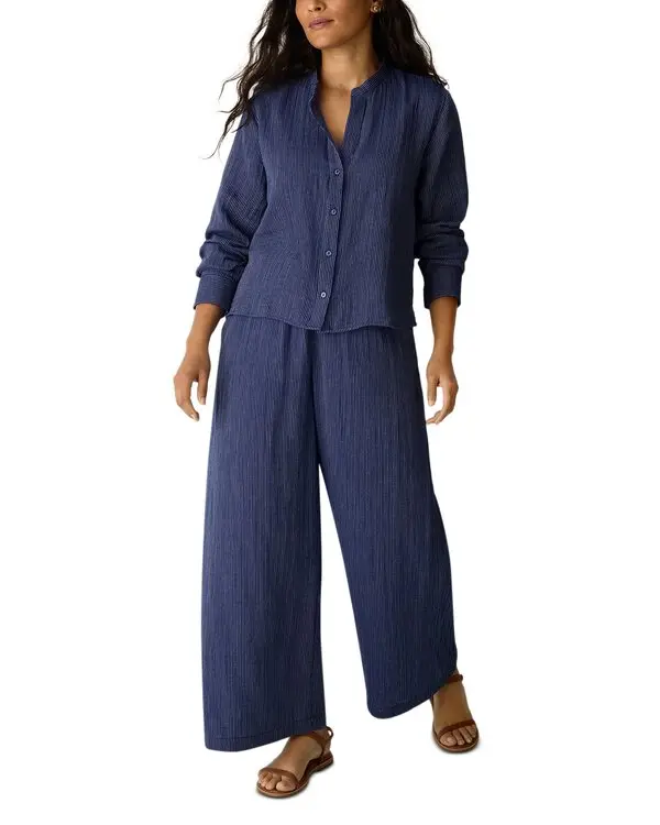 Eileen Fisher Striped Cotton Gauze Mandarin Collar Shirt