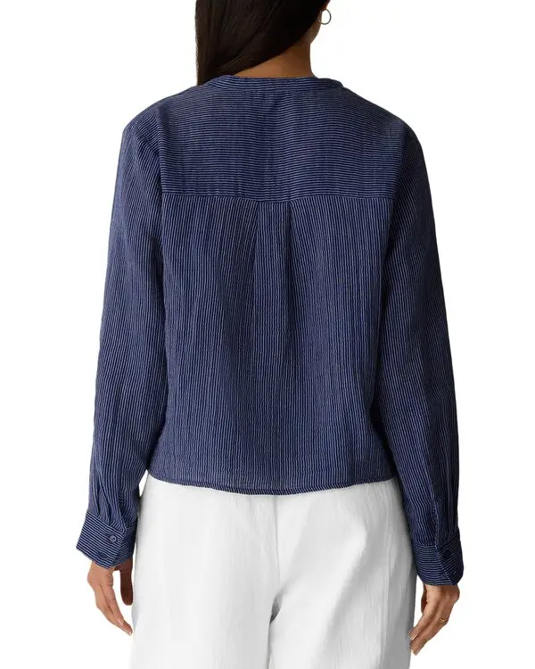 Eileen Fisher Striped Cotton Gauze Mandarin Collar Shirt