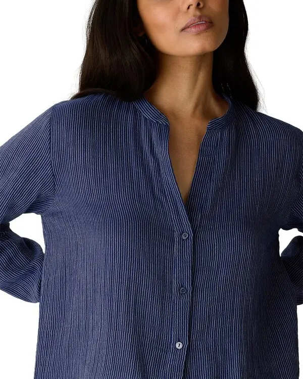 Eileen Fisher Striped Cotton Gauze Mandarin Collar Shirt