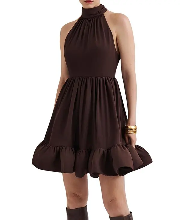 MALINA Halterneck Ruffled Mini Dress - Chocolate
