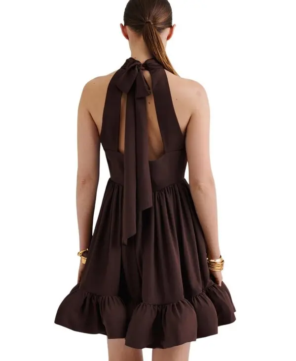 MALINA Halterneck Ruffled Mini Dress - Chocolate