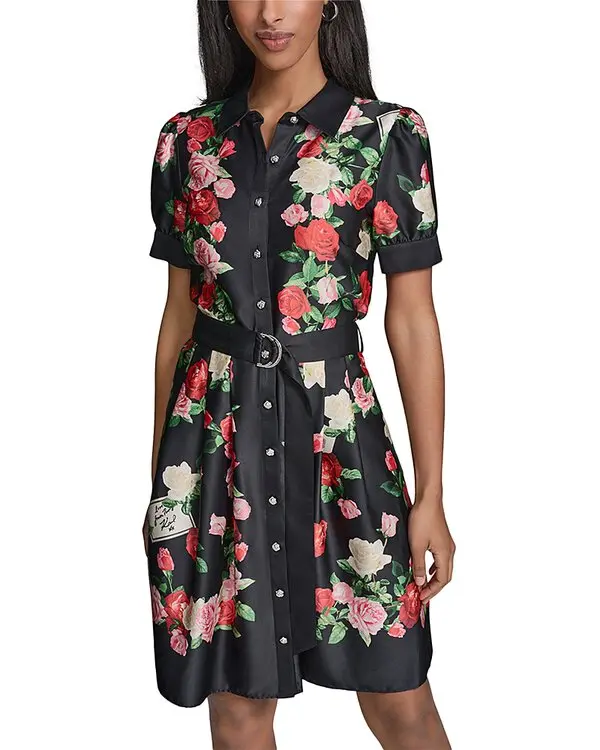 Karl Lagerfeld Paris Belted Floral Shirt Dress - Blck Multi