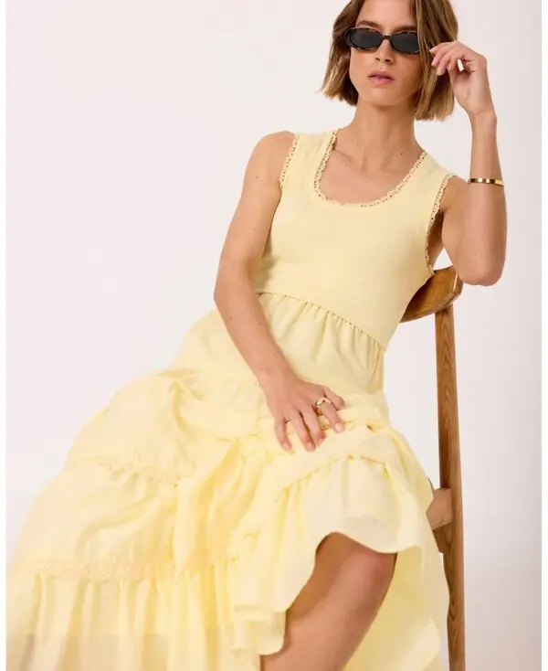 Mint Velvet Crochet Trim Tiered Midi Dress - Yellow
