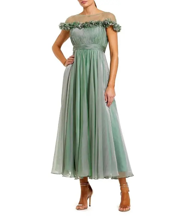 Mac Duggal Chiffon Illusion Neck Midi Dress With 3d Flowers - Sage