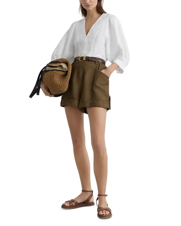 REISS Evie Linen Balloon Sleeve Top - Ivory