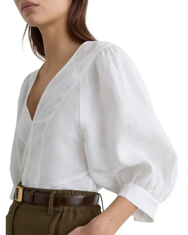 REISS Evie Linen Balloon Sleeve Top - Ivory
