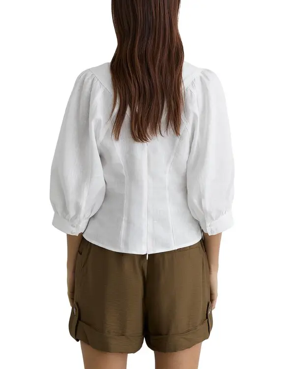 REISS Evie Linen Balloon Sleeve Top - Ivory