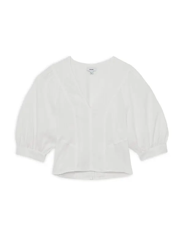 REISS Evie Linen Balloon Sleeve Top - Ivory