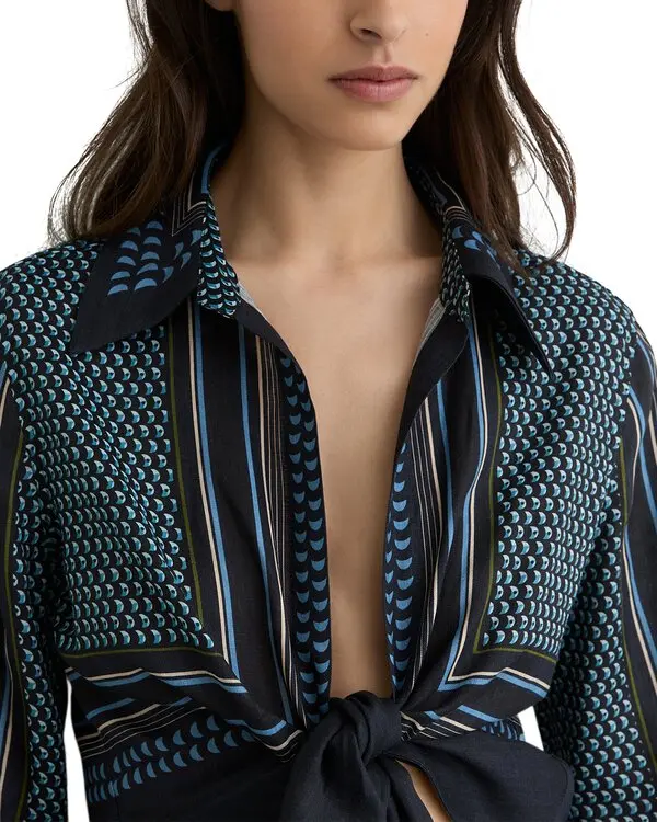 REISS Jackson Linen Shirt With Geometric Print And Front Tie Detail