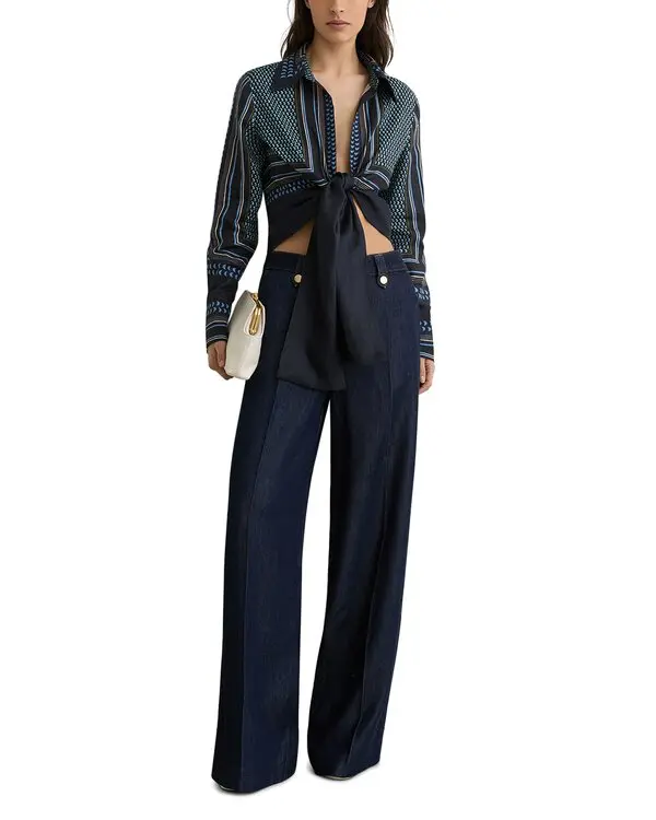 REISS Jackson Linen Shirt With Geometric Print And Front Tie Detail