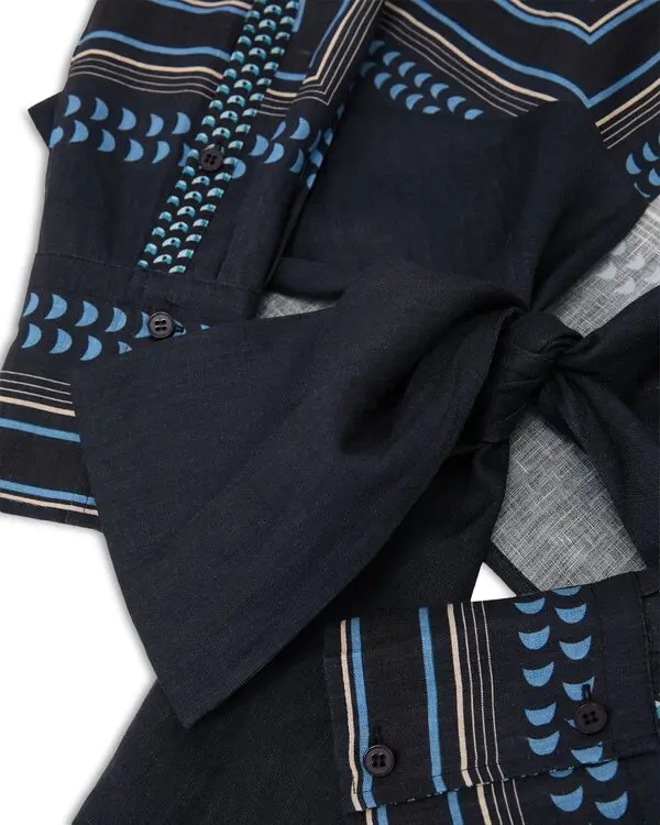 REISS Jackson Linen Shirt With Geometric Print And Front Tie Detail