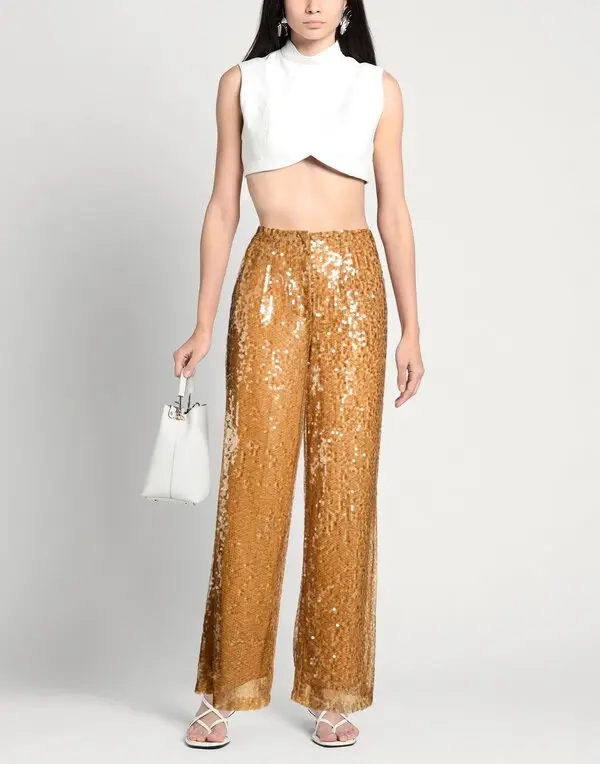 SOLOTRE Camel Polyester Wide-leg Pants With Sequins