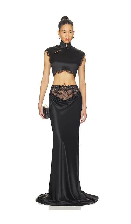 SAU LEE Lila Satin Cropped Top With Lace Trim