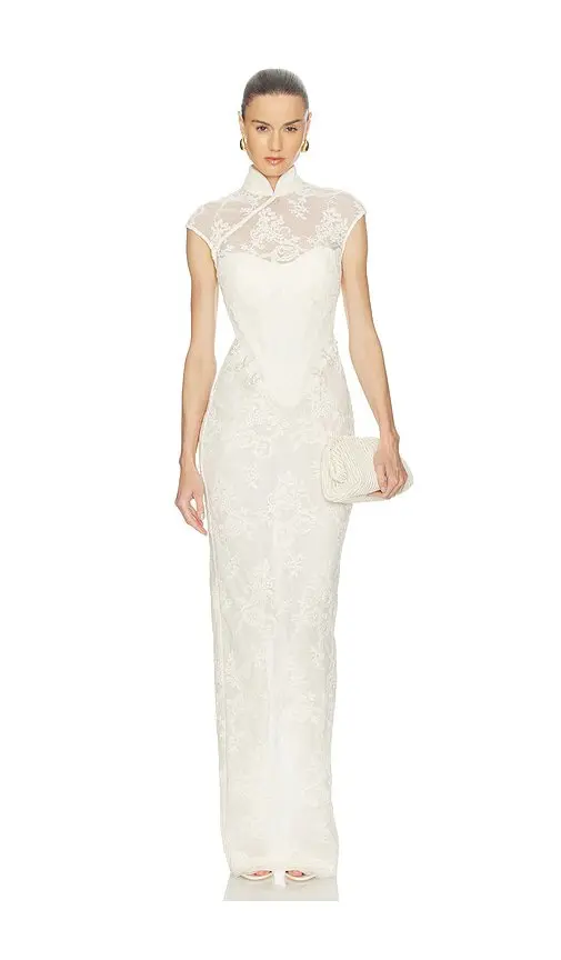 SAU LEE Emilia Lace Gown In Cream - Cashew Beige
