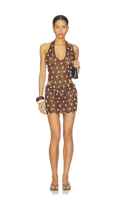 Superdown Crochet Mini Skirt Set With Shell Embellishments - Brown