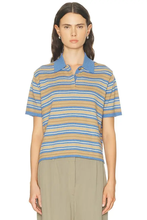 Guest In Residence Short Sleeve Stripe Rugby Top In Brown,blue - Delft Blue Combo