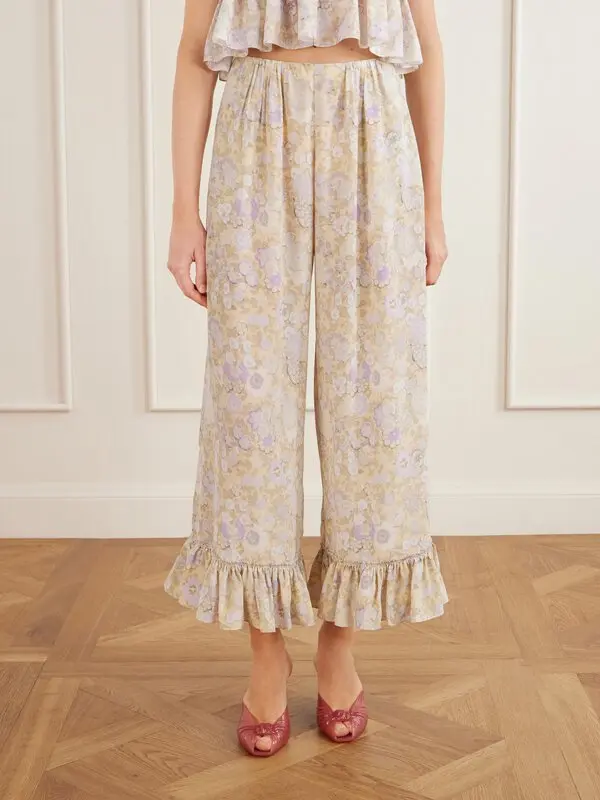Chloé Ruffled Floral-print Silk-charmeuse Wide-leg Pants - Multi