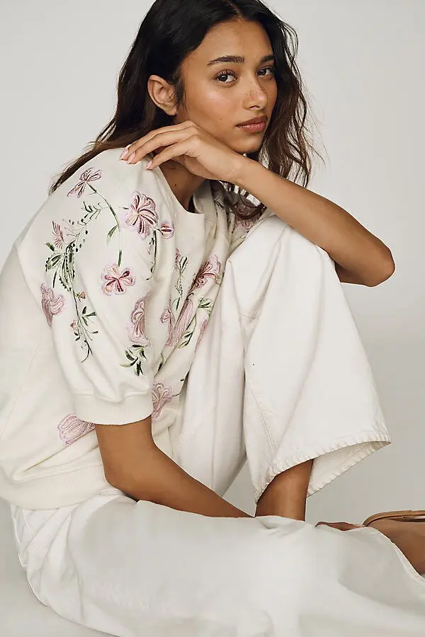 Anthropologie Cotton Floral Embroidered Sweatshirt - Ivory Floral