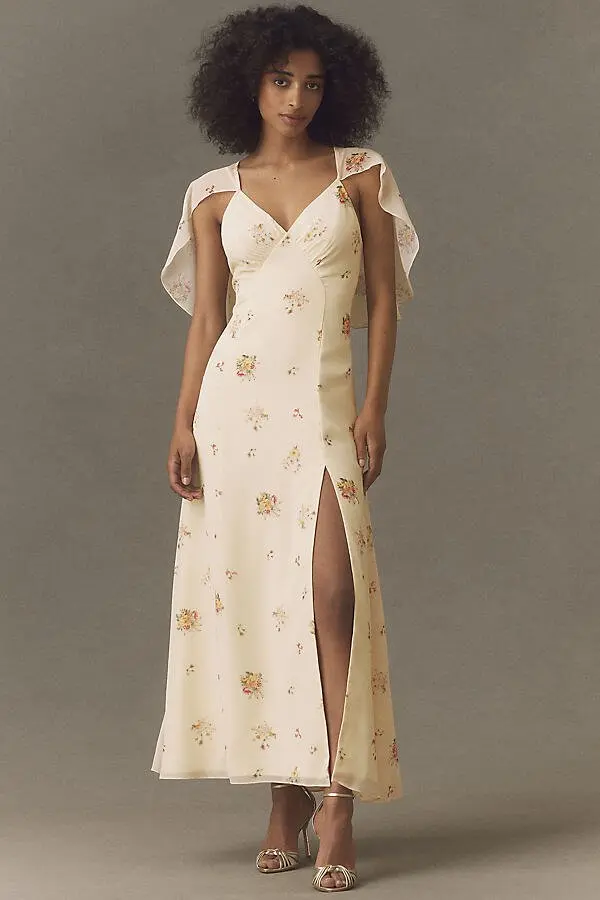 Bhldn Chiffon Cape Maxi Dress - Yellow Pattern