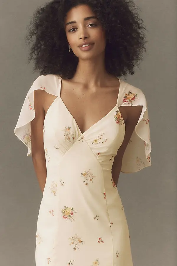 Bhldn Chiffon Cape Maxi Dress - Yellow Pattern