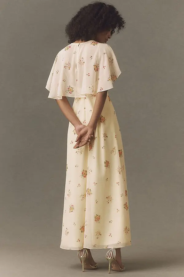 Bhldn Chiffon Cape Maxi Dress - Yellow Pattern