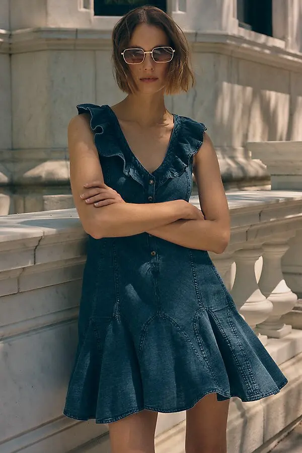 PILCRO Ruffled Denim Dress - Medium Denim