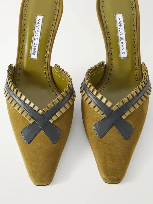 Manolo Blahnik Voluptia 70" Embellished Suede Mules