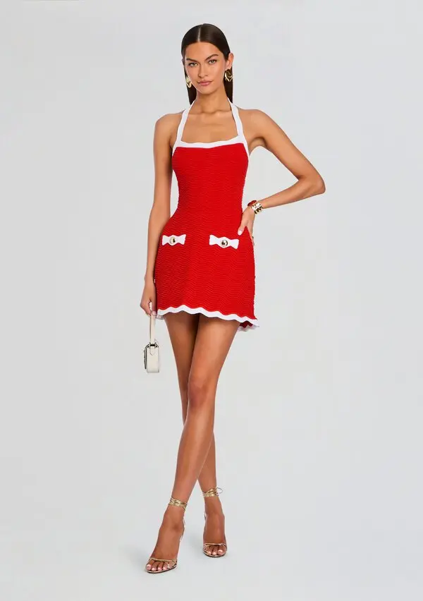 Retrofete Ondina Rib Knit Mini Dress With Halter Neck And Open Back - Geranium/white