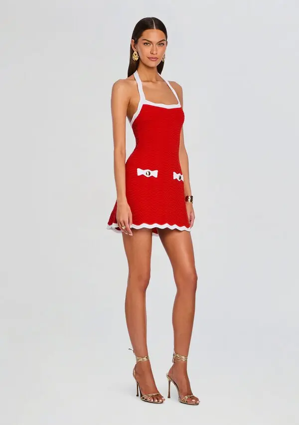 Retrofete Ondina Rib Knit Mini Dress With Halter Neck And Open Back - Geranium/white