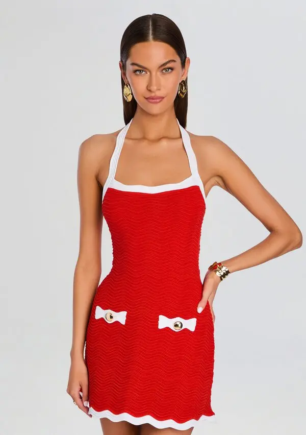 Retrofete Ondina Rib Knit Mini Dress With Halter Neck And Open Back - Geranium/white