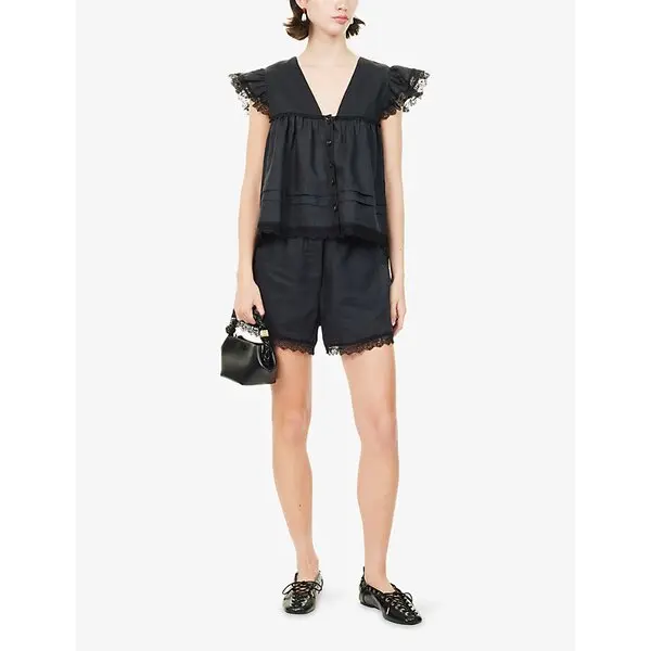 GANNI Lace Hem Linen Shorts
