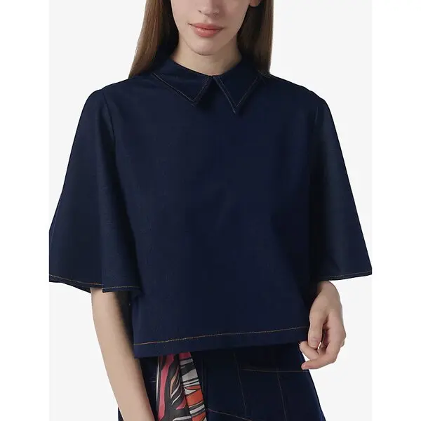 LEEM Relaxed-fit Collared Denim Top With Short Sleeves