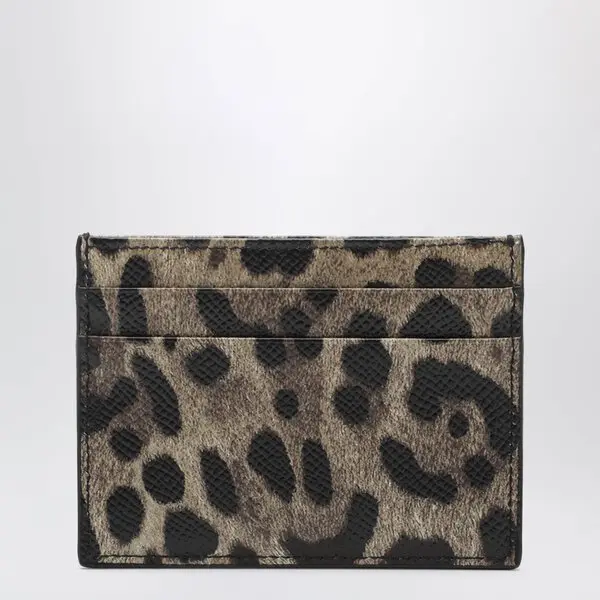 Dolce & Gabbana Card Holder In Leopard-print Dauphine Leather With Logo Plaque - Brown