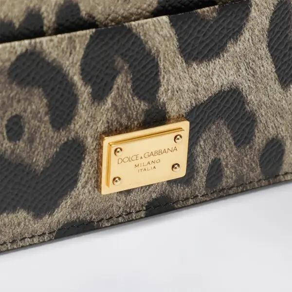 Dolce & Gabbana Card Holder In Leopard-print Dauphine Leather With Logo Plaque - Brown