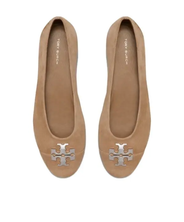 Tory Burch Suede Ballet Flats With Metal Logo - Pebble/pebble/silver
