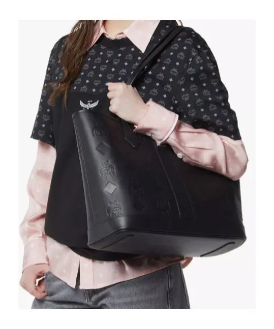 Mcm Embossed Monogram Leather Shopper Tote - Black
