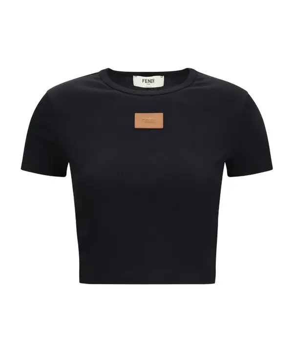 Fendi Cropped Ribbed T-shirt With Logo Patch - Black
