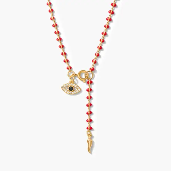 ALEXIE OF ATHENS Evil Eye And Italian Horn Lariat Necklace - Red