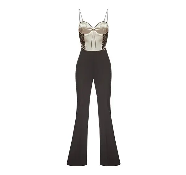 MAISON SEL Corseted Jumpsuit With Satin And Sheer Bustier - Black