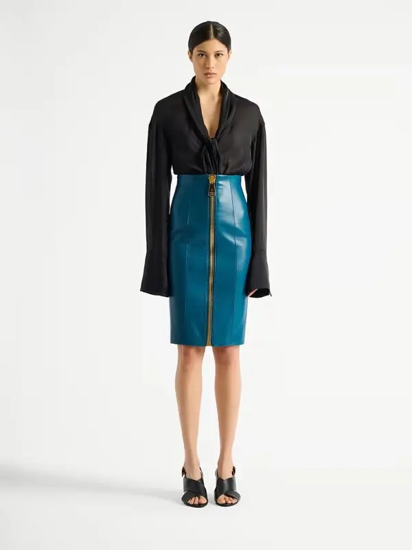 Balmain Zipped Lambskin Pencil Skirt - Blue