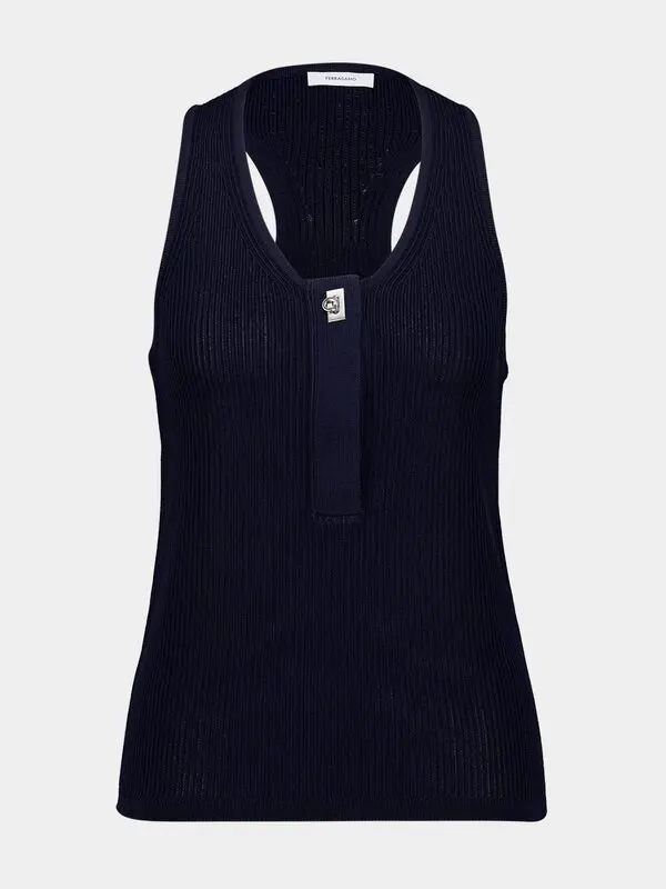 FERRAGAMO Navy Knitted Racer Back Top
