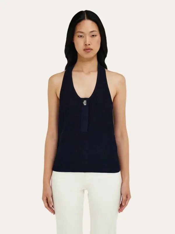 FERRAGAMO Navy Knitted Racer Back Top
