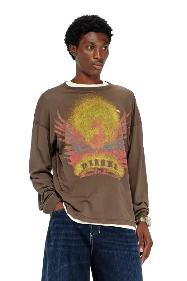 DIESEL® Long Sleeve T-shirt With Phoenix Graphic - Brown