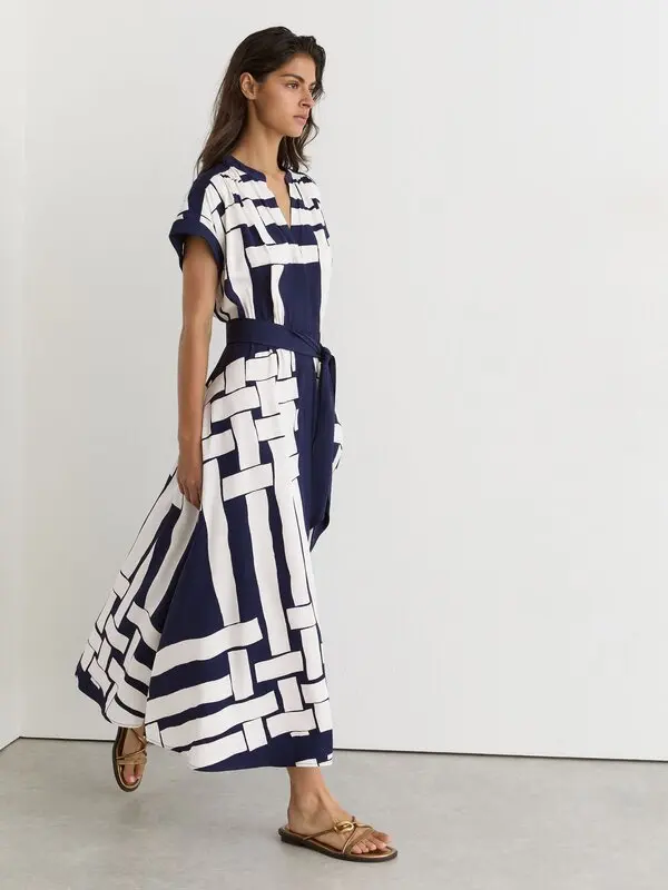 REISS Samira Scarf-print Midi Dress With Belt - Navy/ivory
